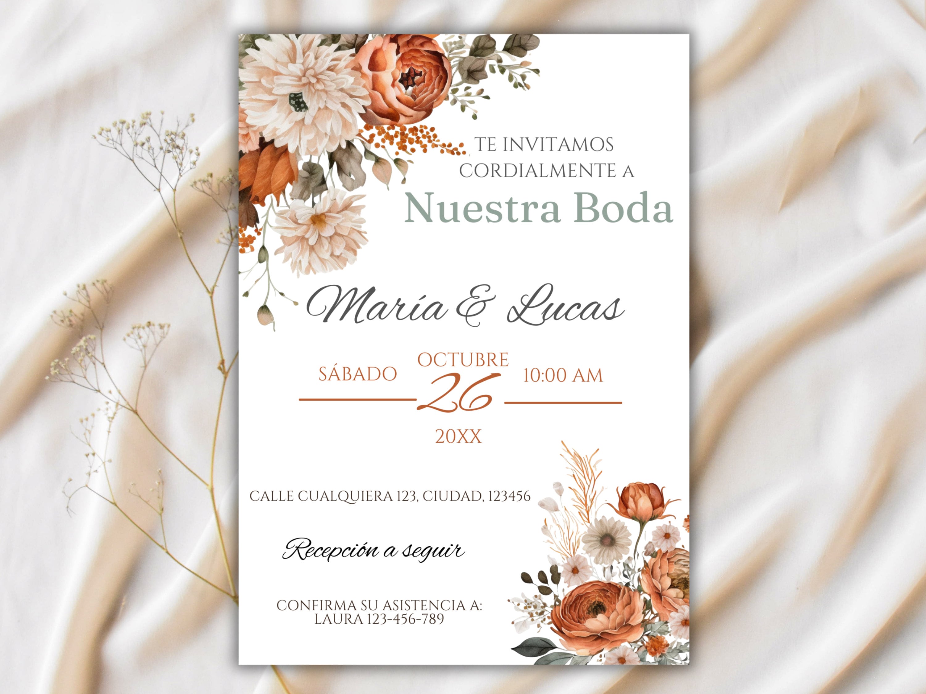 Plantilla De Invitaciones De Boda, Editable Terracotta Floral Spanish ...