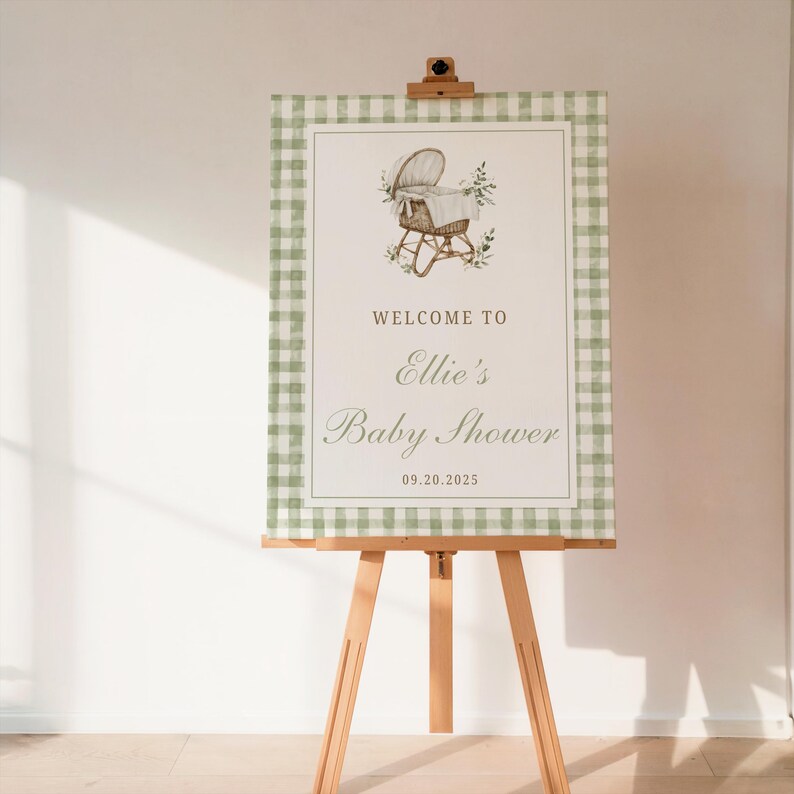 Editable Boho Baby Shower Welcome Sign, Green Gingham, Baby Crib ...
