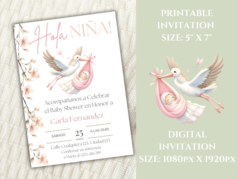 Pink Stork Baby Shower Invitation in Spanish, Baby Shower Invitación En ...