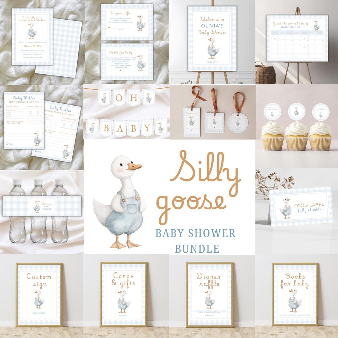 Silly Goose Baby Shower Bundle, Blue Gingham Silly Goose Party Pack ...
