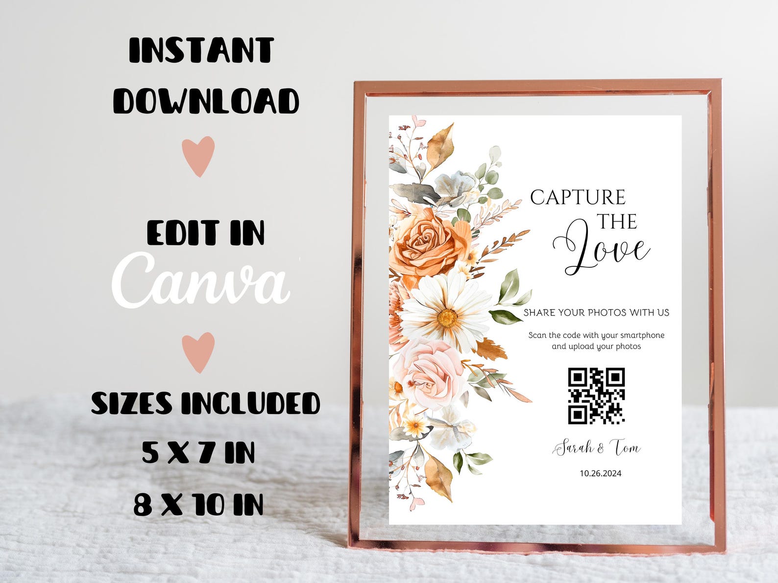Capture the Love Wedding Sign, QR Code Template, Wedding Photo Sign ...