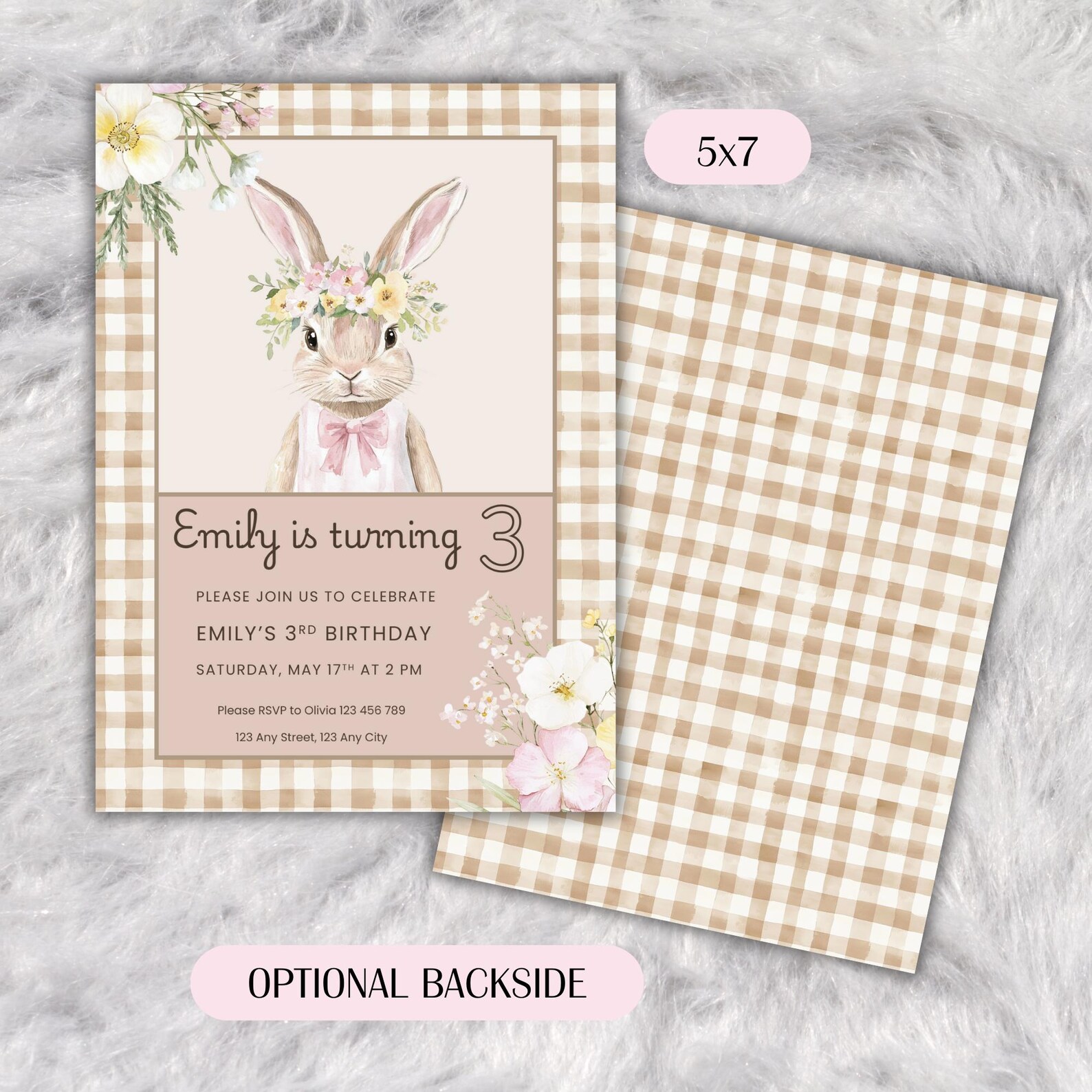 Floral Bunny Birthday Invitation, Beige Gingham Invitation Template ...