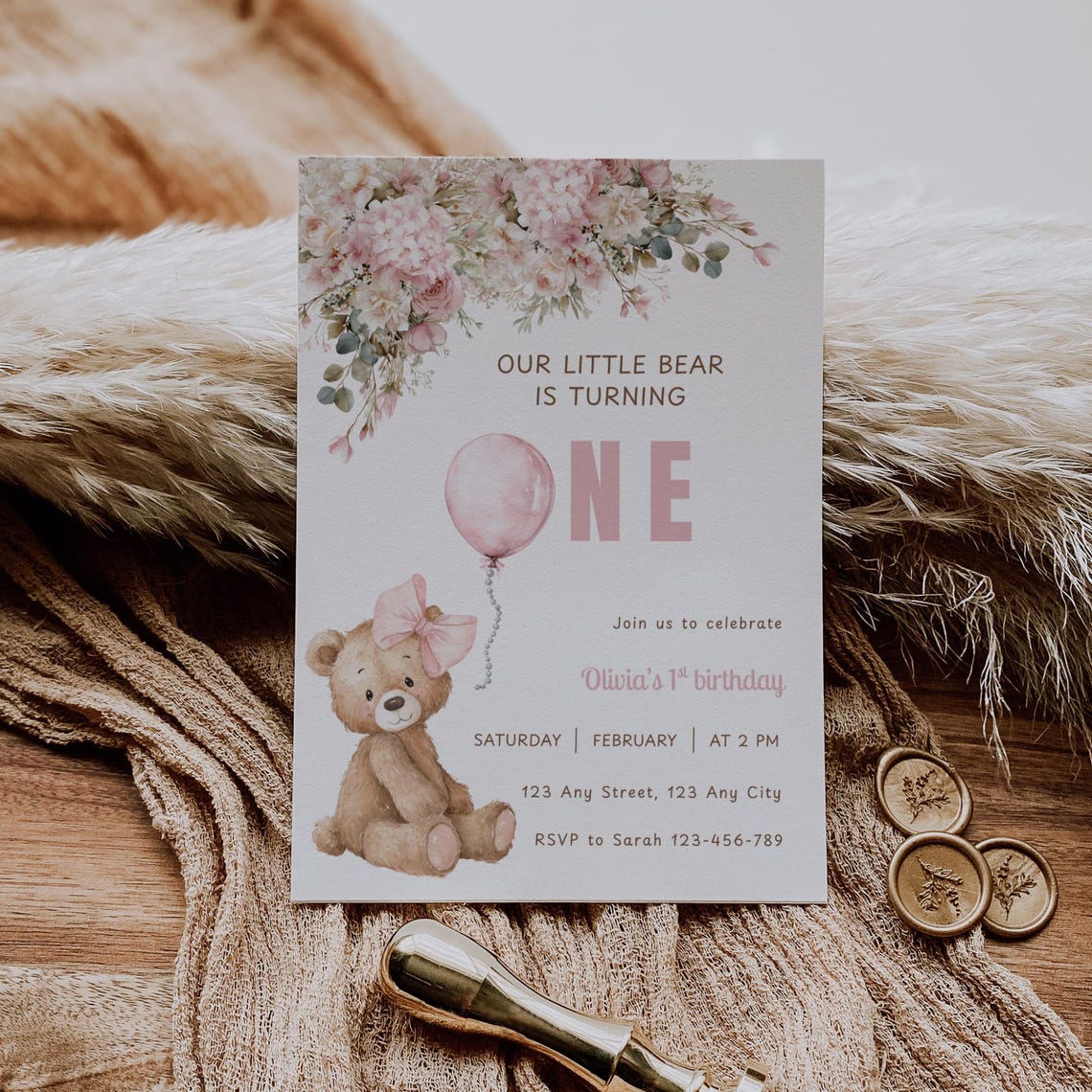 Coquette Teddy Bear 1st Birthday Invitation, Pink Bear Theme Evite ...
