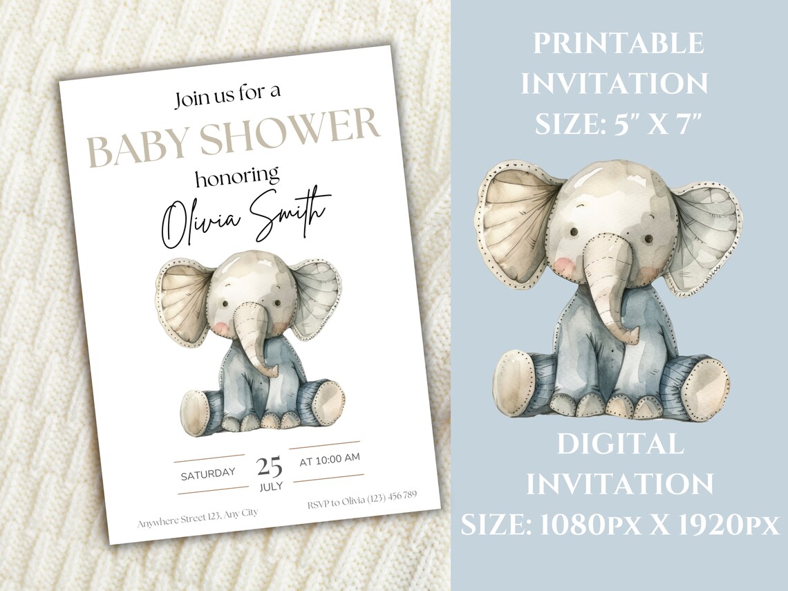 Editable Elephant Baby Shower Invite Template, Printable Baby Shower ...