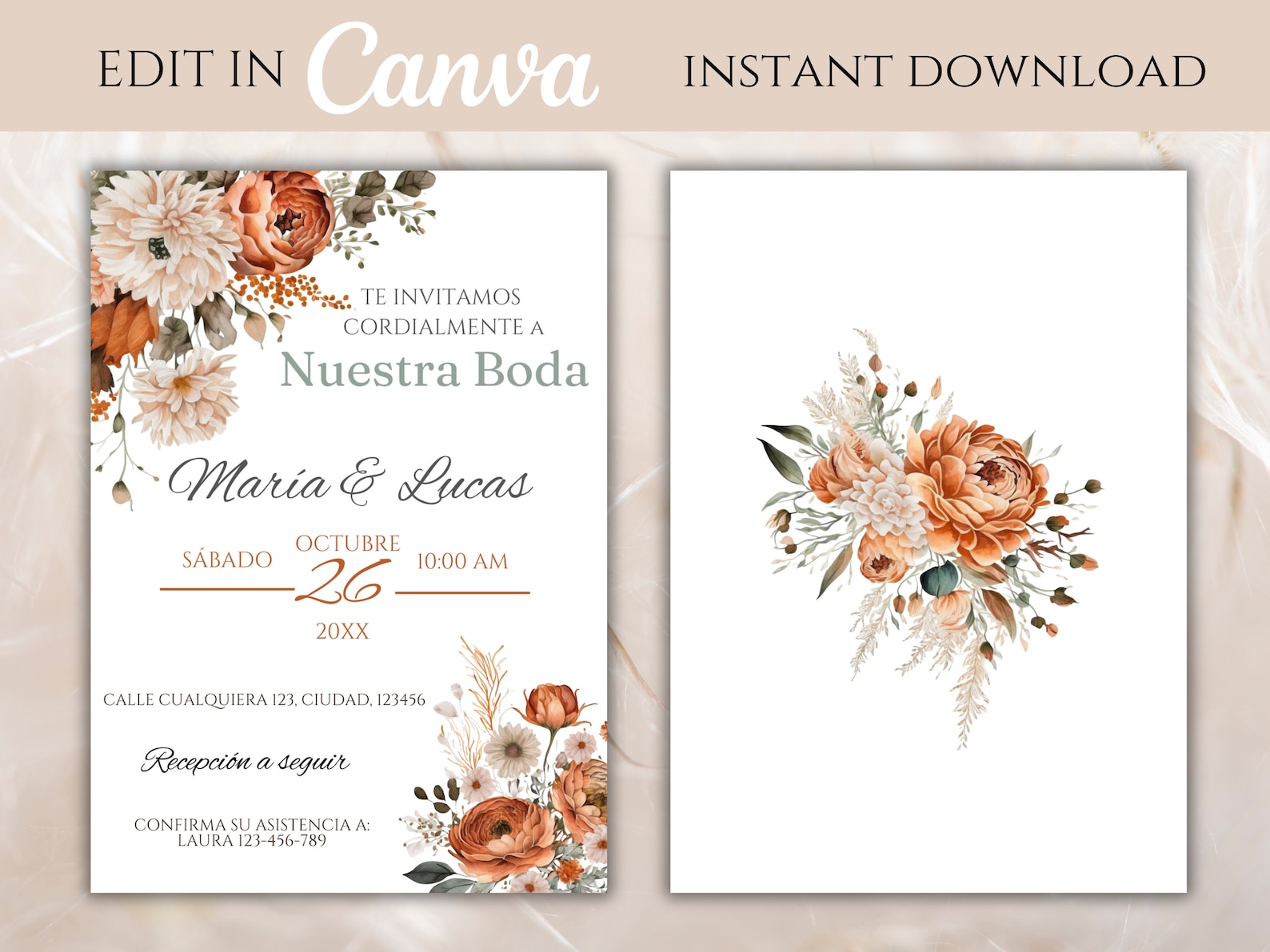 Plantilla De Invitaciones De Boda, Editable Terracotta Floral Spanish ...