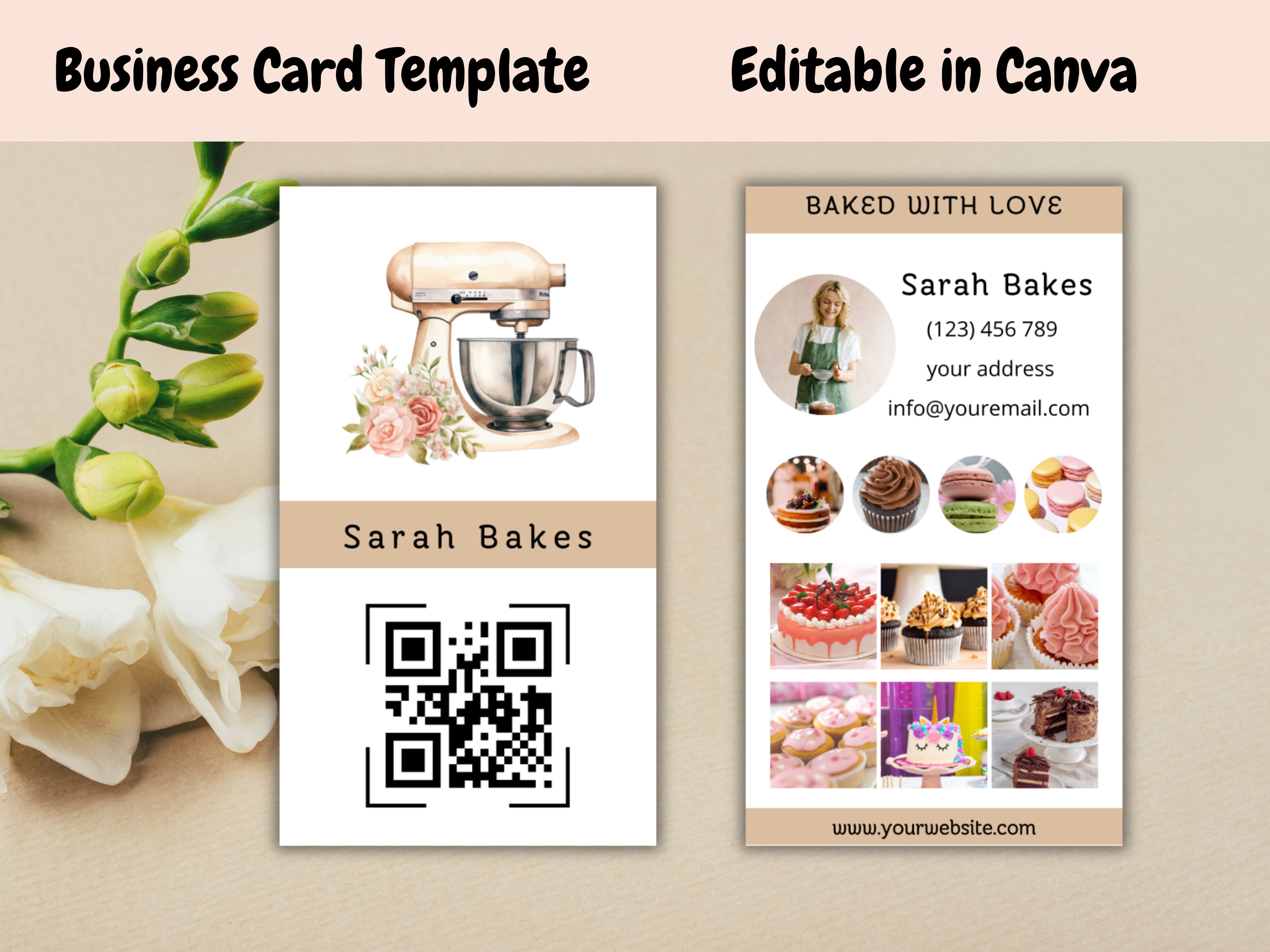 Bakery Business Card Template, Baking QR Code Business Card, Editable ...
