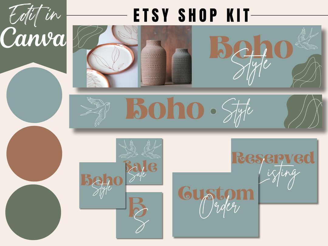 Boho Etsy Shop Banner Kit, Canva Template, Etsy Store Branding Design ...