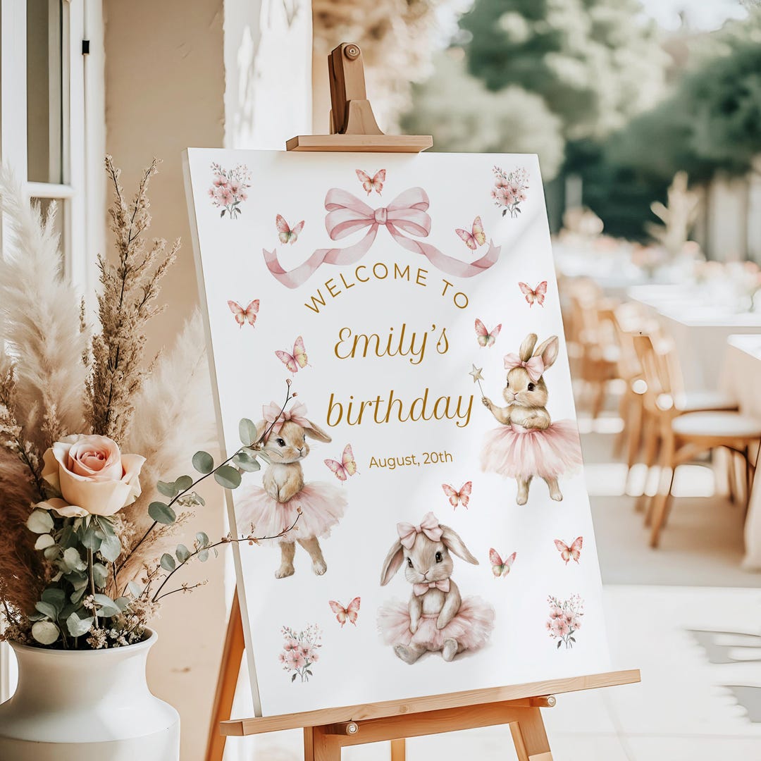 Editable Bunny Birthday Welcome Sign, Ballerina Bunny Theme Birthday ...