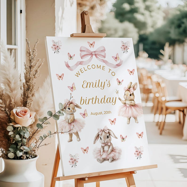 Editable Bunny Birthday Welcome Sign, Ballerina Bunny Theme Birthday ...