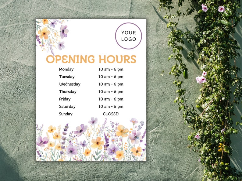 Printable Floral Opening Hours Sign Template, Editable Business Hours ...
