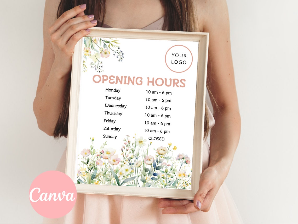 Editable Opening Hours Sign Template, Printable Floral Business Hours ...