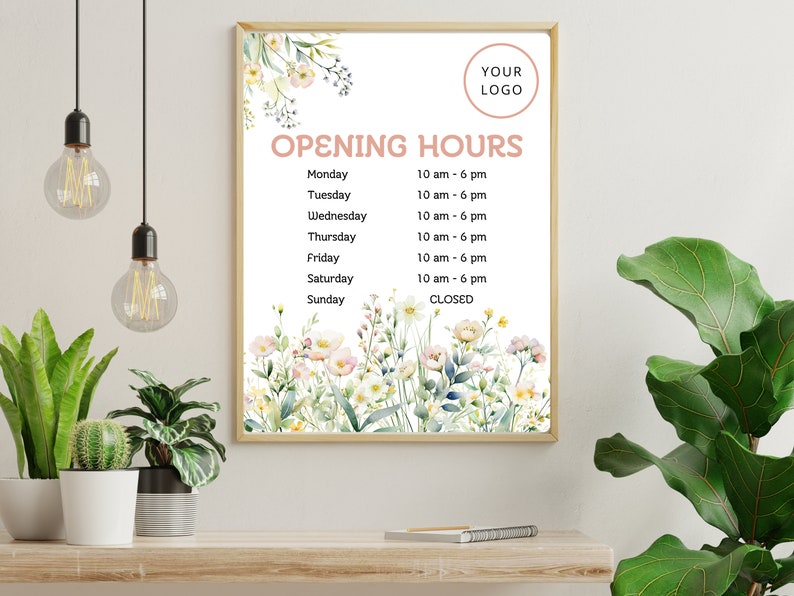 Editable Opening Hours Sign Template, Printable Floral Business Hours ...