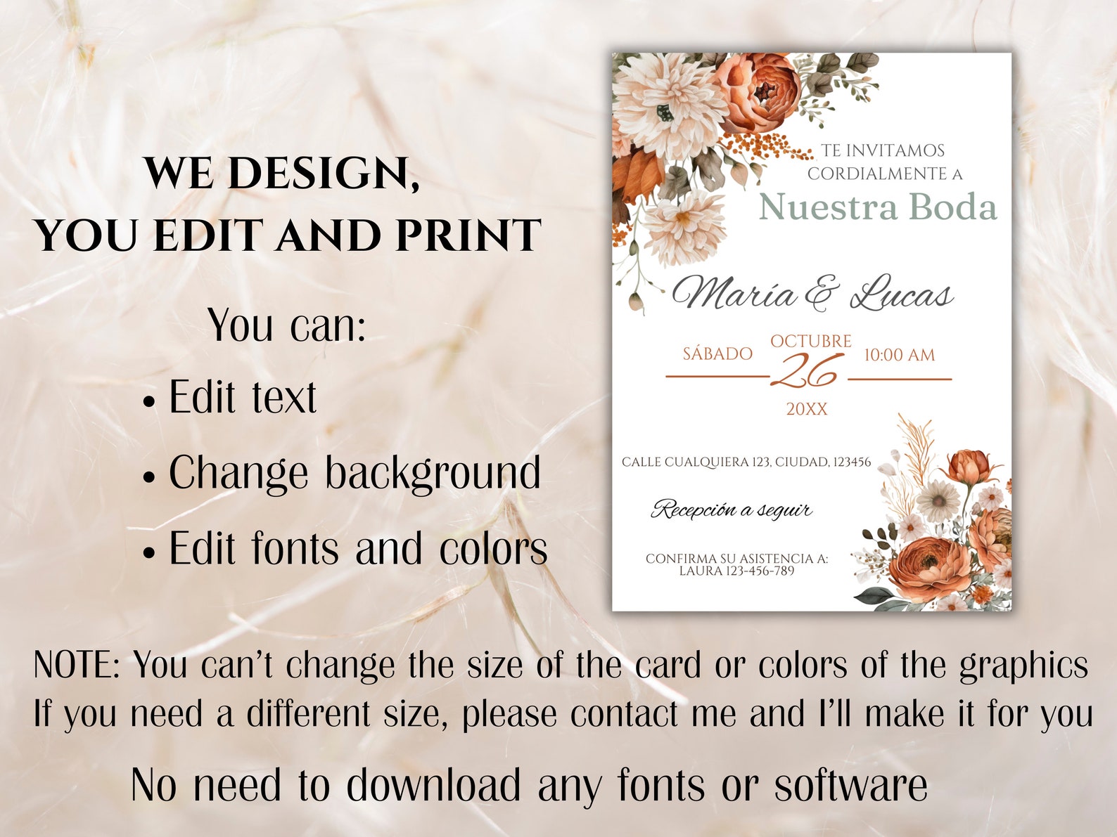 Plantilla De Invitaciones De Boda, Editable Terracotta Floral Spanish ...