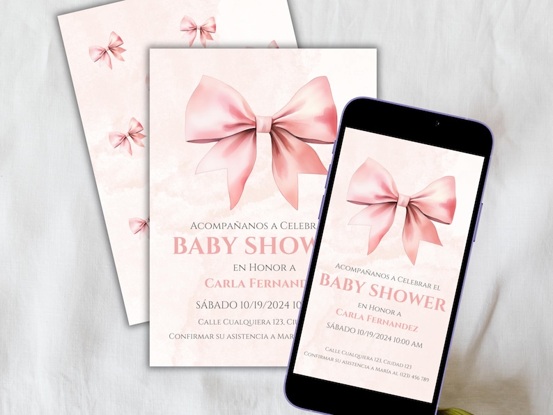 Spanish Baby Shower Invitation, Pink Bow Baby Shower Invite Template ...
