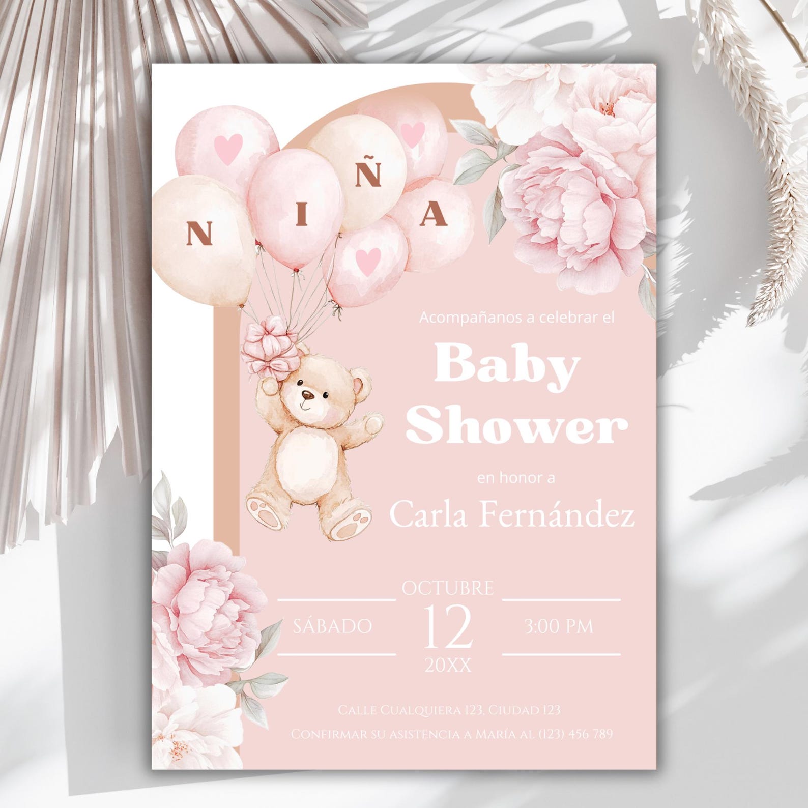 Editable Spanish Baby Shower Invitation Set, Dusty Pink, Teddy Bear ...