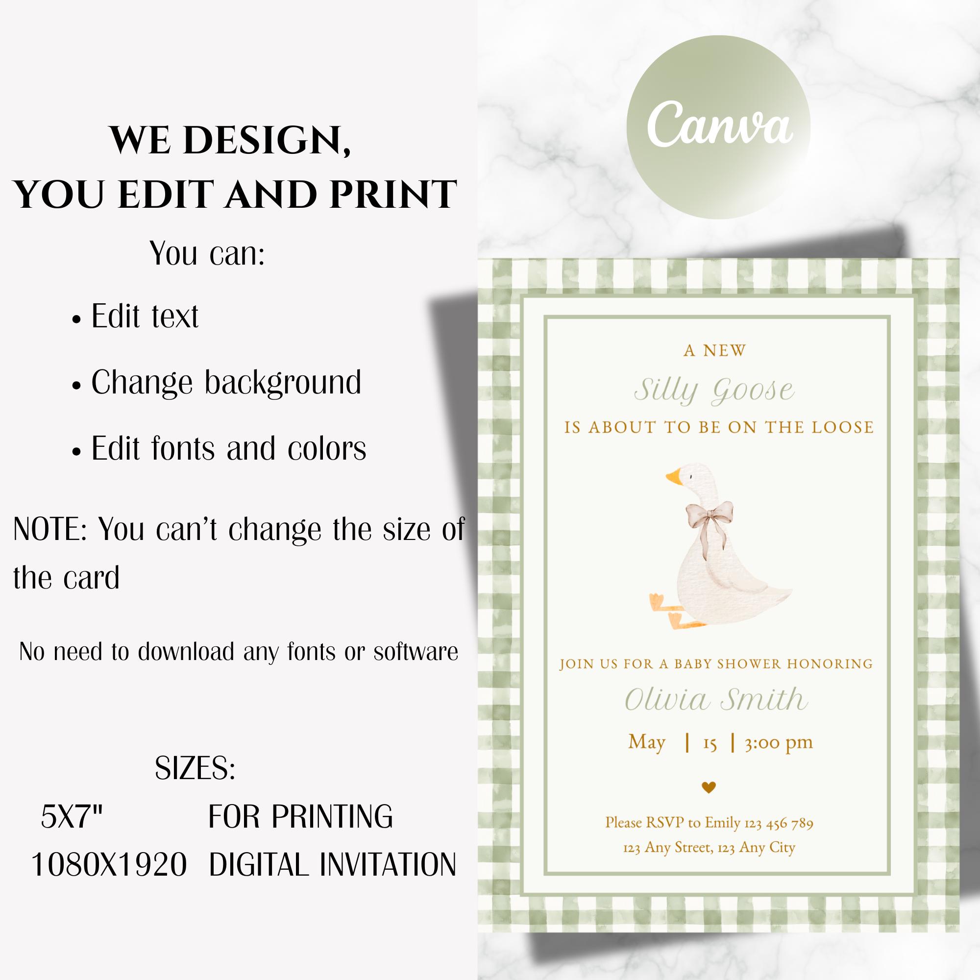 Green Gingham Silly Goose Baby Shower Invitation Template, Gender ...