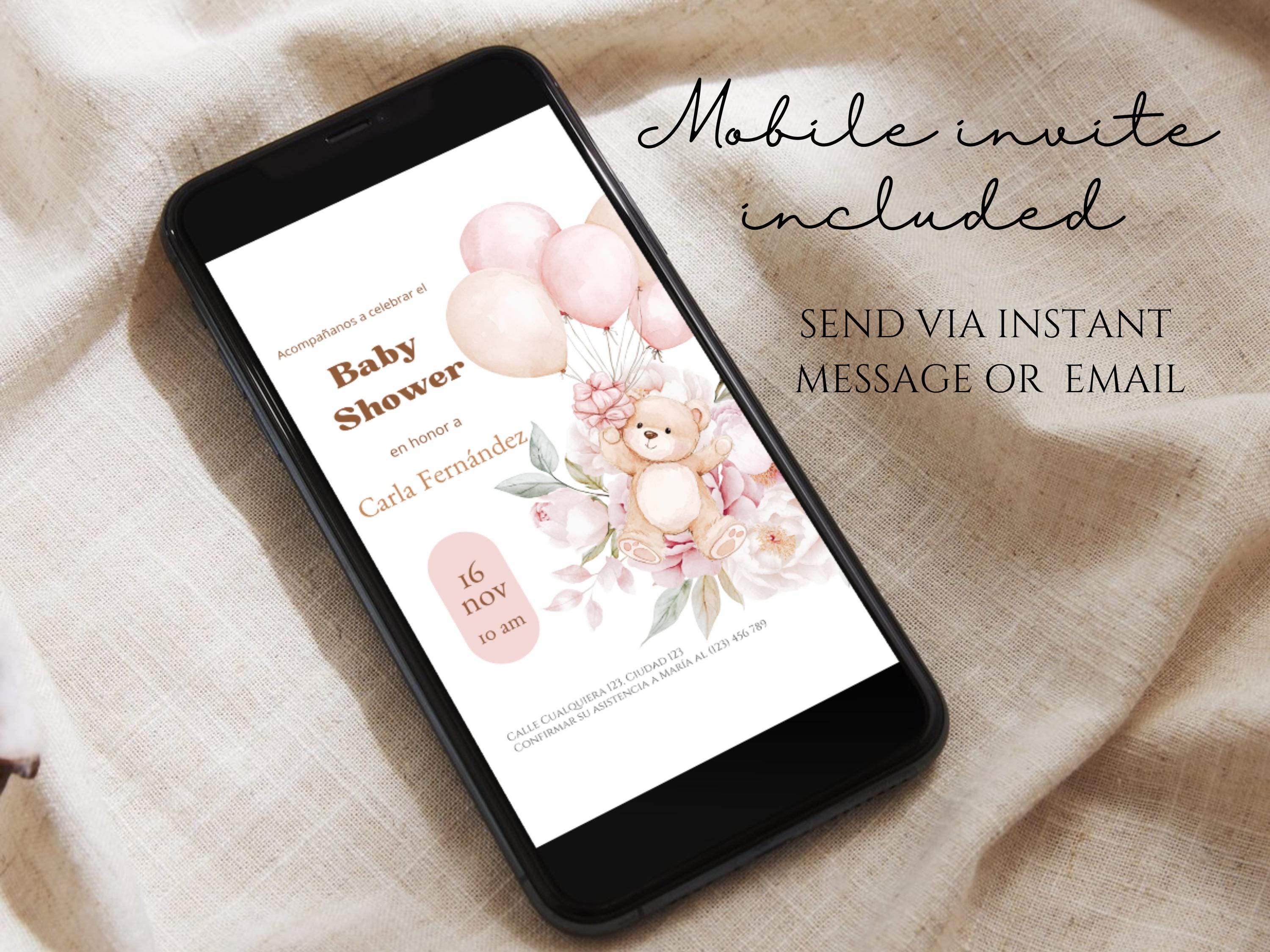 Editable Spanish Baby Shower Invitation Template, Pink Teddy Bear Baby ...