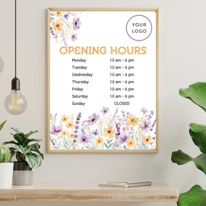 Printable Floral Opening Hours Sign Template, Editable Business Hours ...