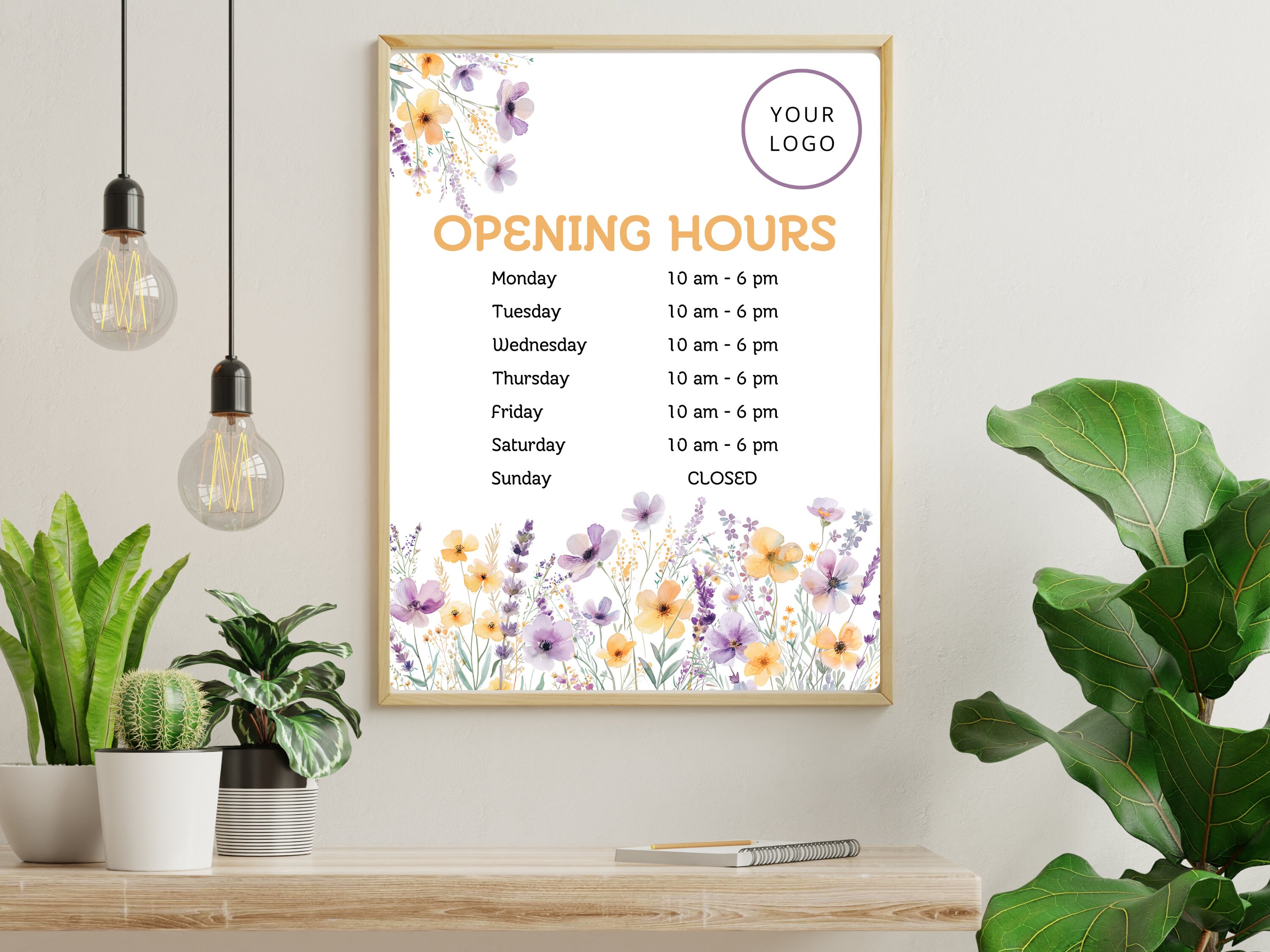 Printable Floral Opening Hours Sign Template, Editable Business Hours ...