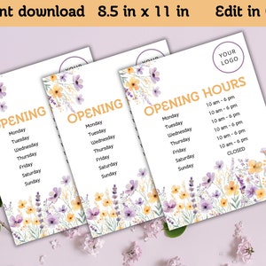Printable Floral Opening Hours Sign Template, Editable Business Hours ...
