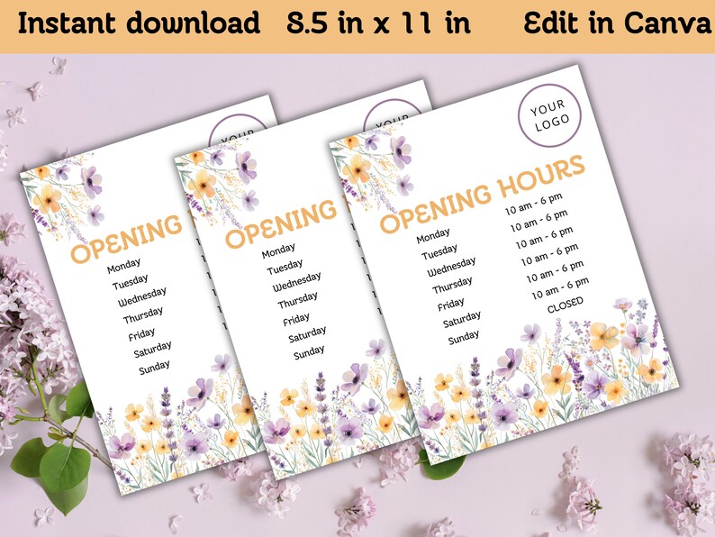 Printable Floral Opening Hours Sign Template, Editable Business Hours ...