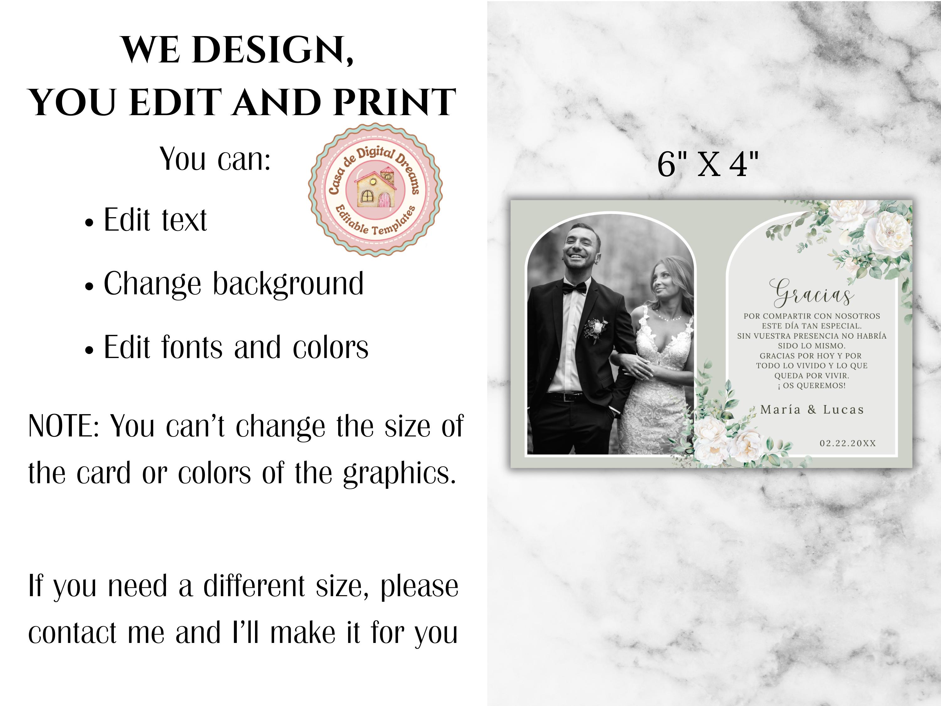 Sage Green Wedding Photo Thank You Card in Spanish, Tarjeta De ...