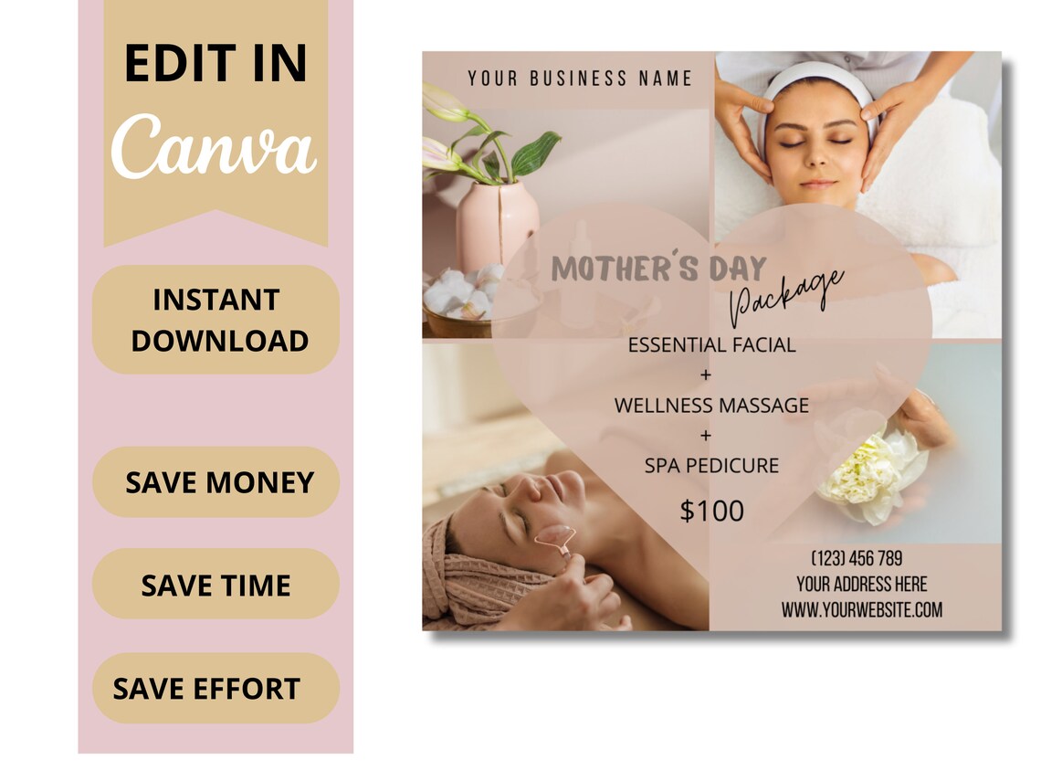 Beauty Spa Social Media Flyer, Mothers Day Canva Template, Premade ...