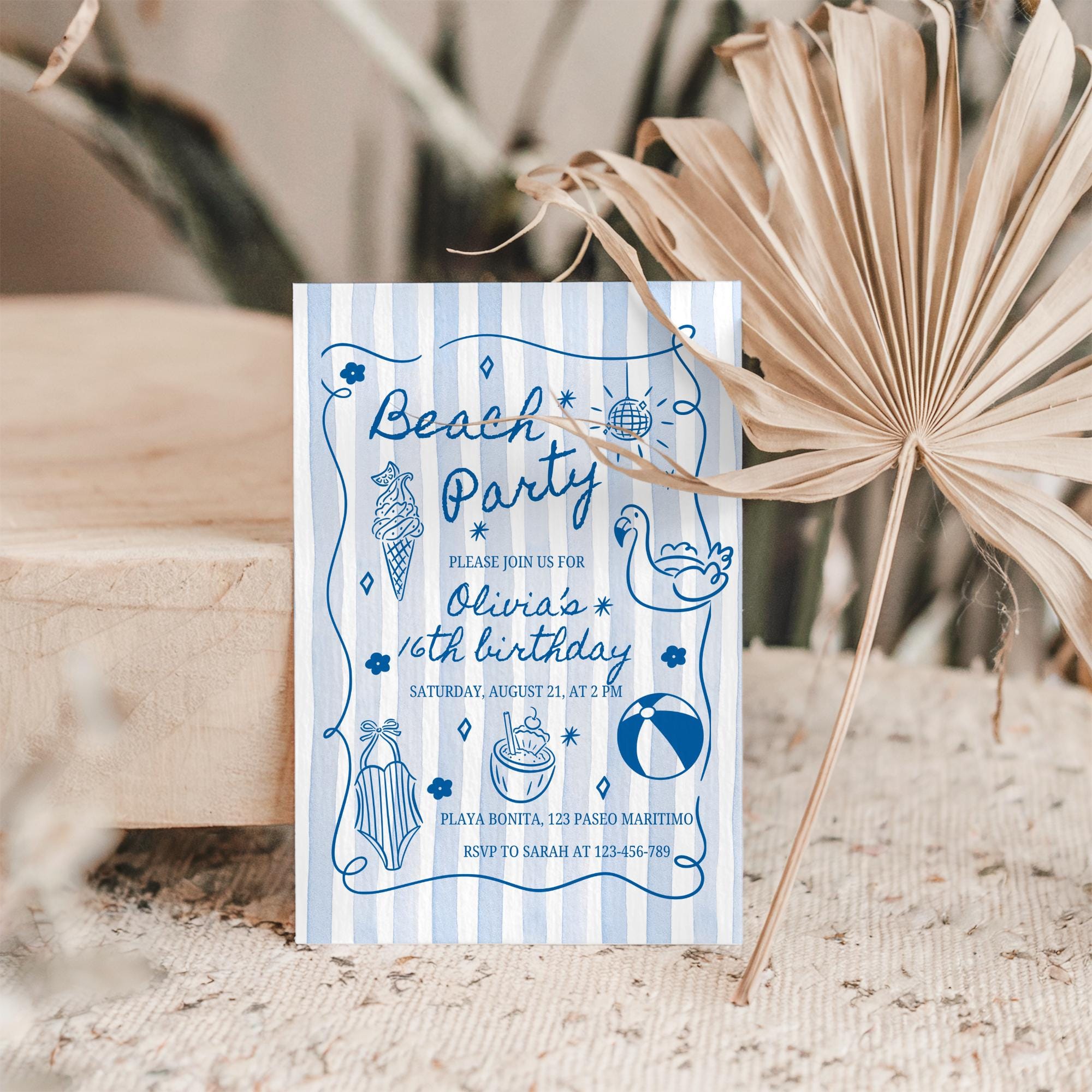 Editable Beach Party Invitation, Chic Hand Drawn Invite, Summer Party ...
