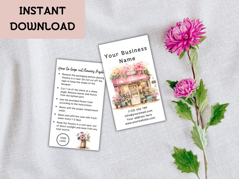 Editable Flower Care Card, Printable Florist Business Card, Flower Shop ...