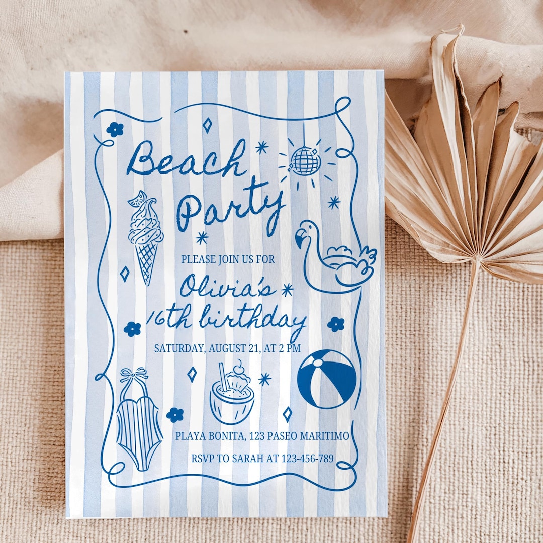 Editable Beach Party Invitation, Chic Hand Drawn Invite, Summer Party ...