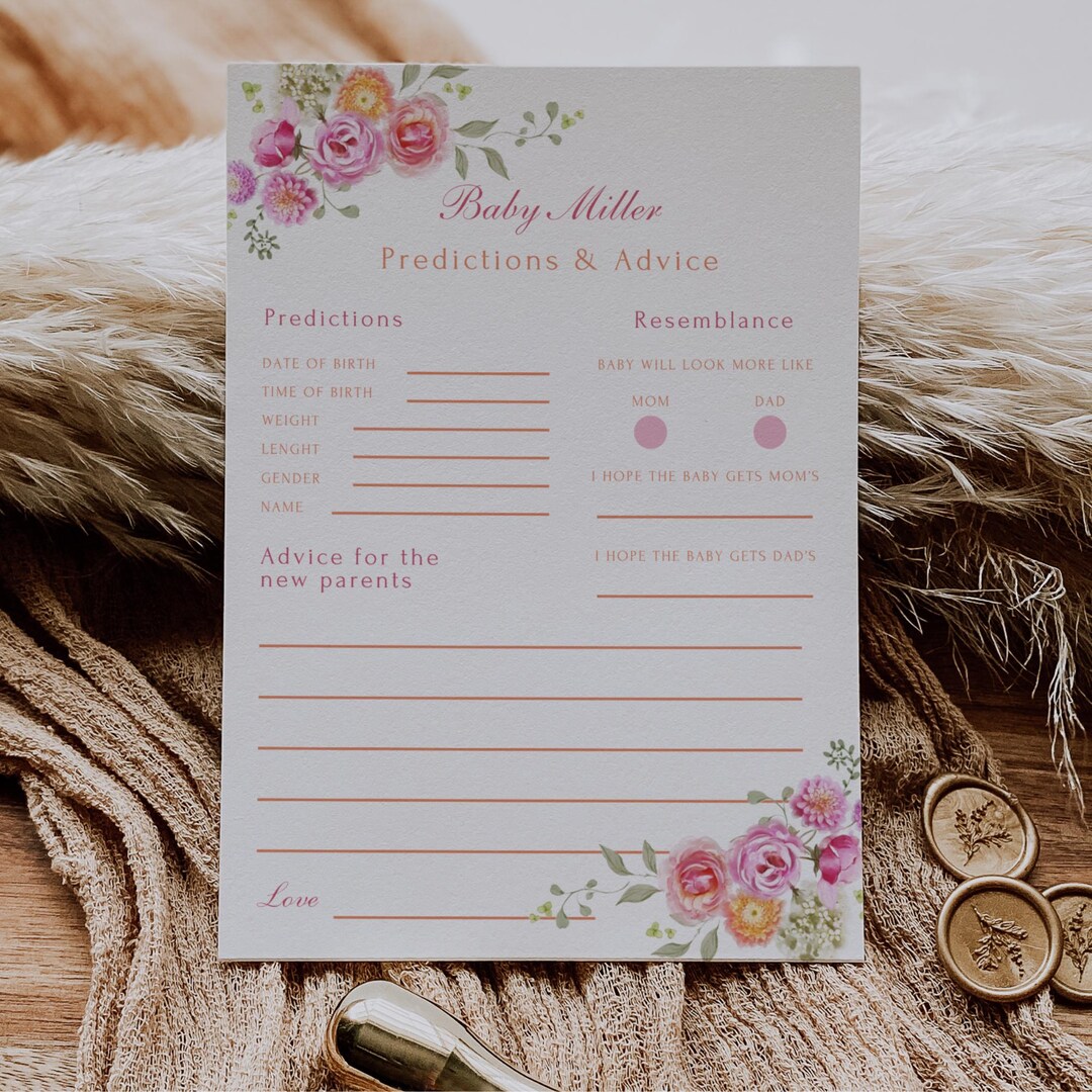 Floral Predictions and Advice Cards, Baby Shower Game Cards, Flower ...