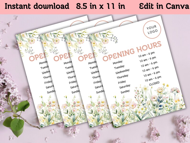 Editable Opening Hours Sign Template, Printable Floral Business Hours ...
