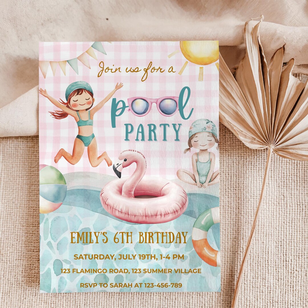 Editable Pool Party Invitation, Pink Pool Party Birthday Invite, Girl ...