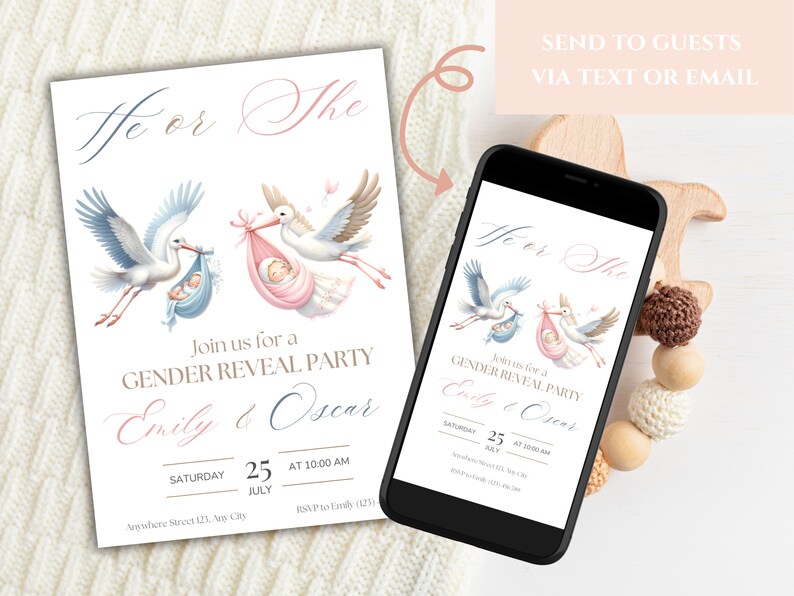 Stork Theme Gender Reveal Party Bundle Printable & Editable Invites ...
