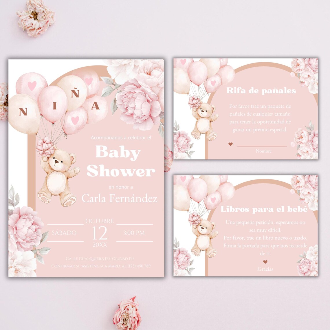 Editable Spanish Baby Shower Invitation Set, Dusty Pink, Teddy Bear ...