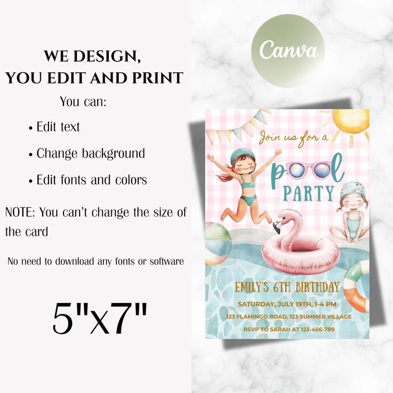 Editable Pool Party Invitation, Pink Pool Party Birthday Invite, Girl ...