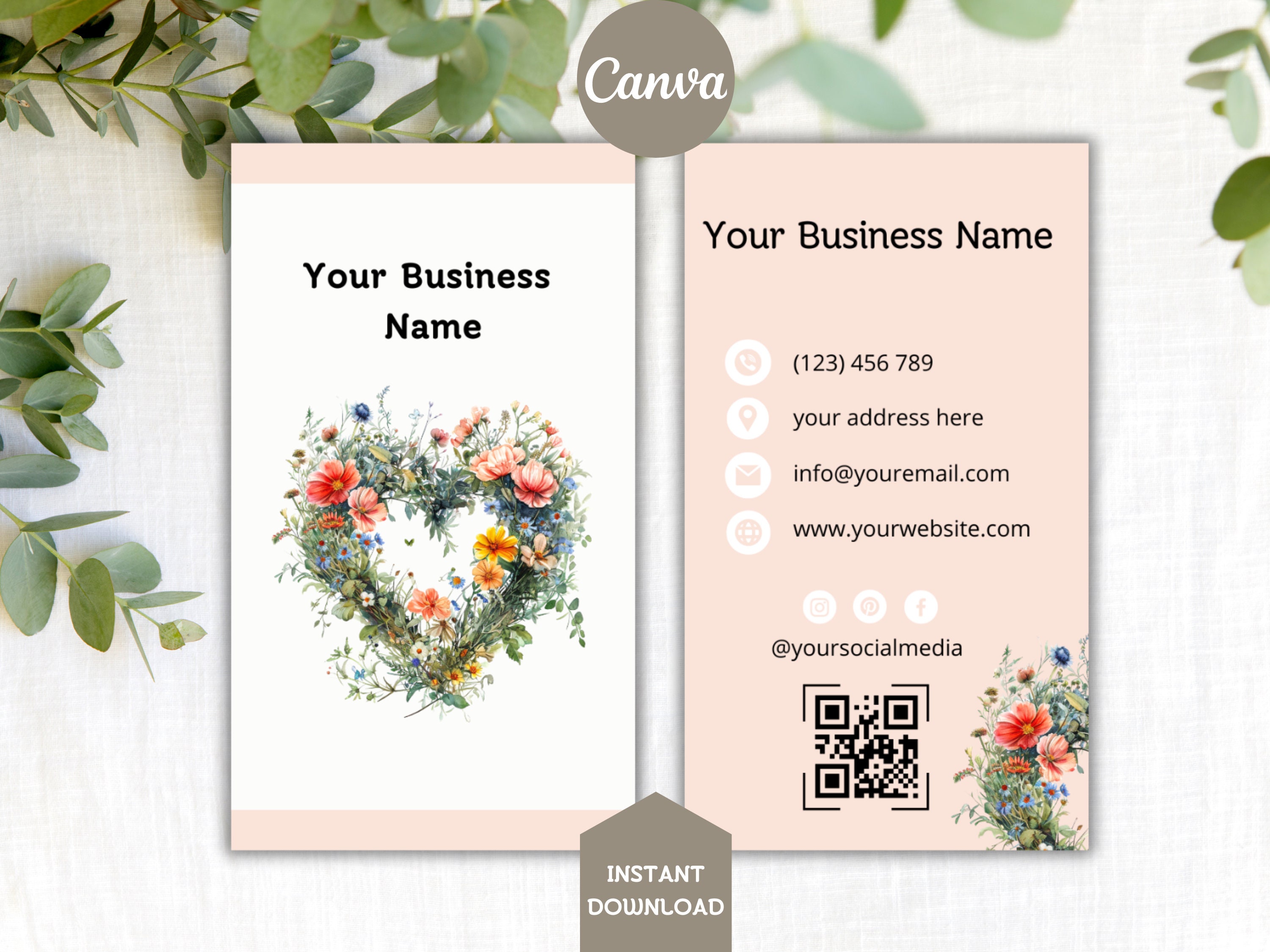 Editable Florist Business Card Template, Printable Flower Shop QR Code ...