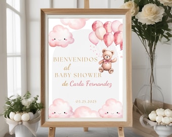 Printable Pink Teddy Bear Baby Shower Welcome Sign Template in Spanish ...