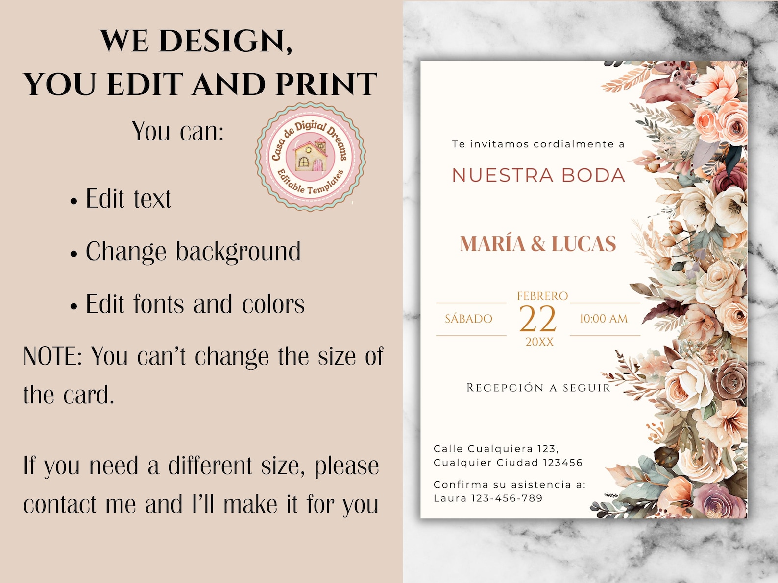 Spanish Wedding Invitation Template, Editable Floral Wedding Invite ...