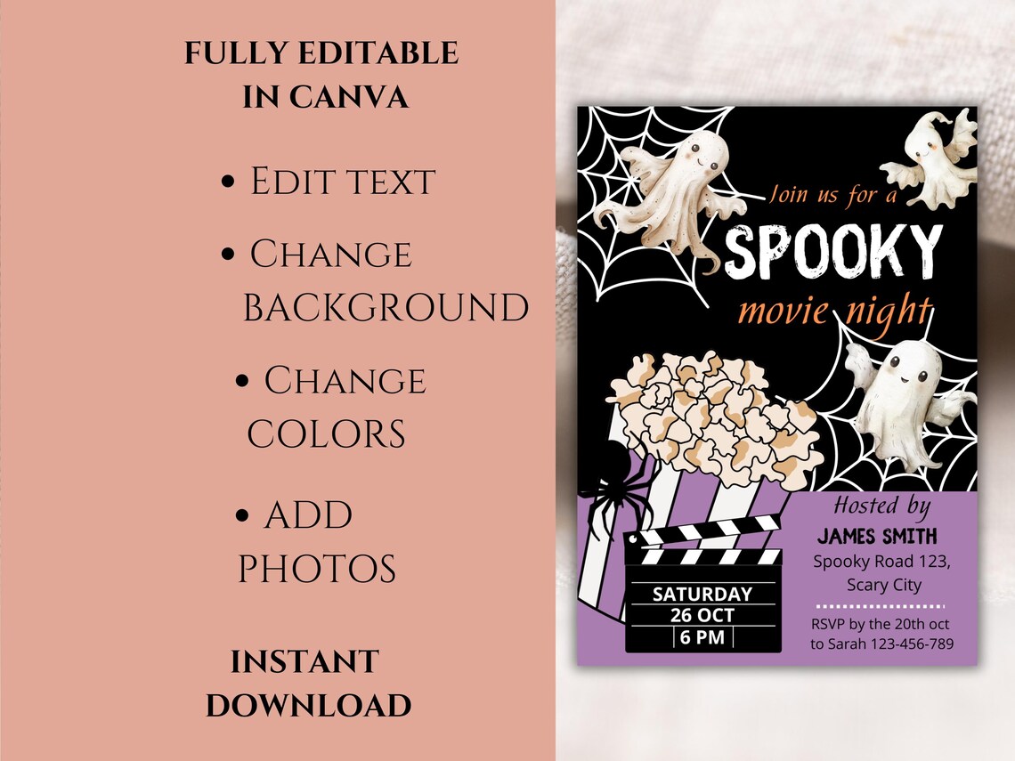 Editable Spooky Movie Night Invite Template, Printable Halloween Movie ...