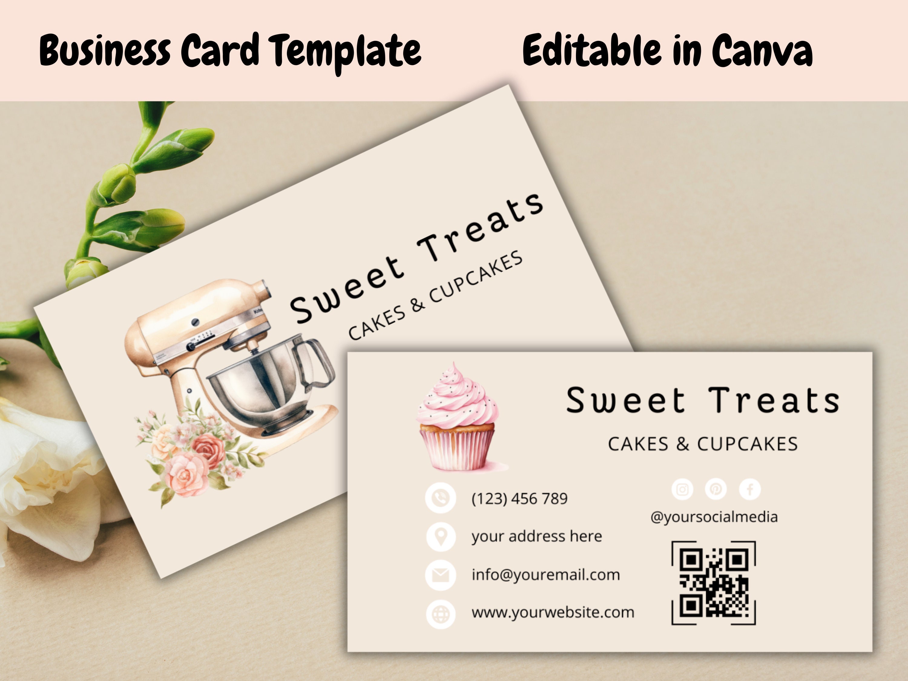 Bakery Business Card, Editable Pink Cupcakes Packaging Insert Card ...