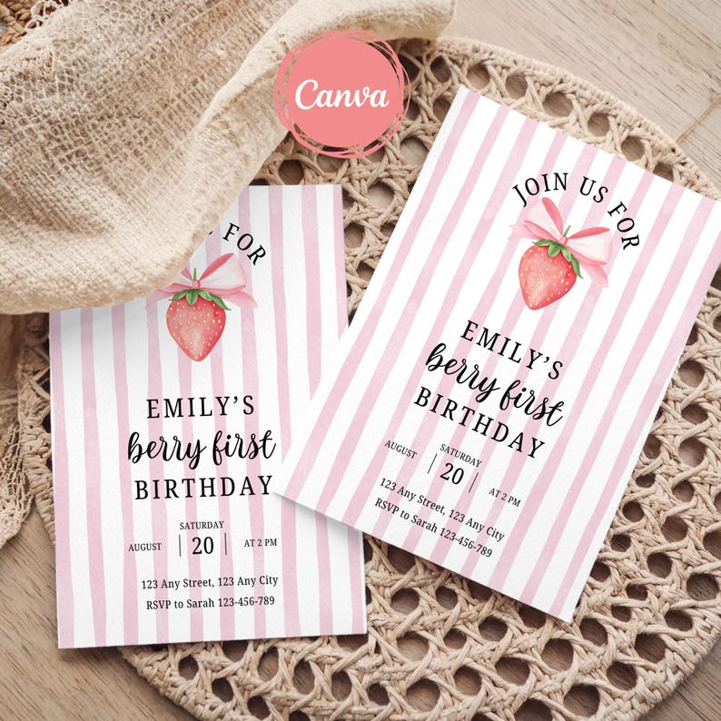 Editable Berry First Birthday Invitation, Strawberry Invite, Girl's 1st ...