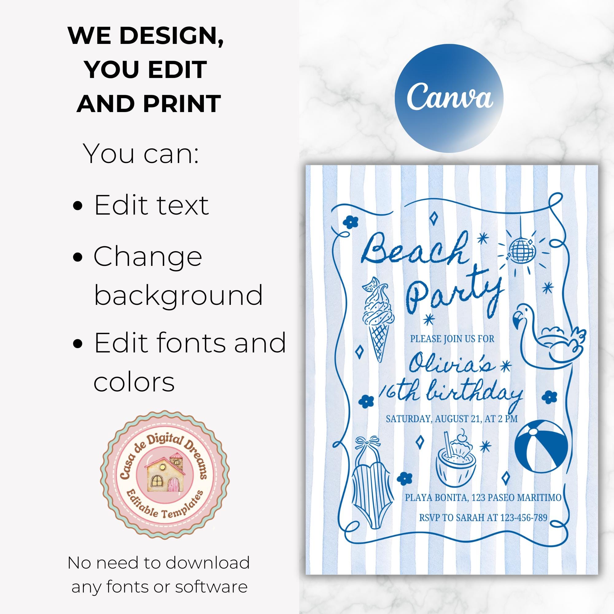 Editable Beach Party Invitation, Chic Hand Drawn Invite, Summer Party ...