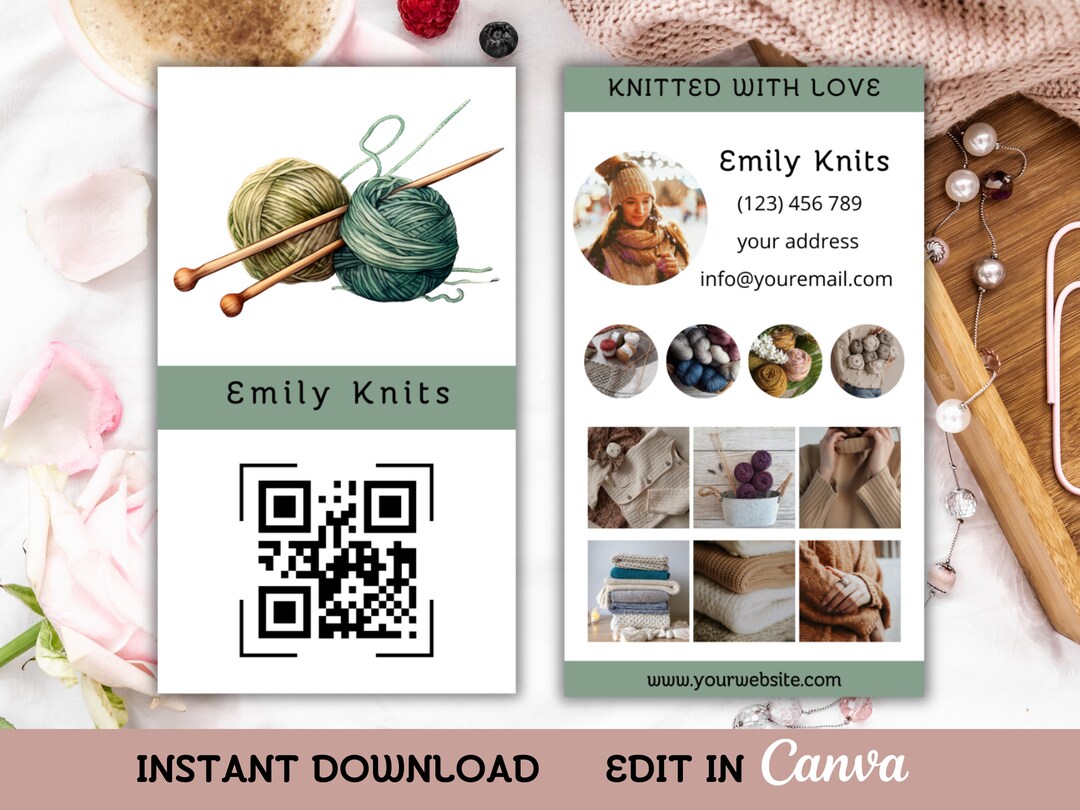 Editable Knitting Business Card, Handmade Knitting Yarn QR Code ...