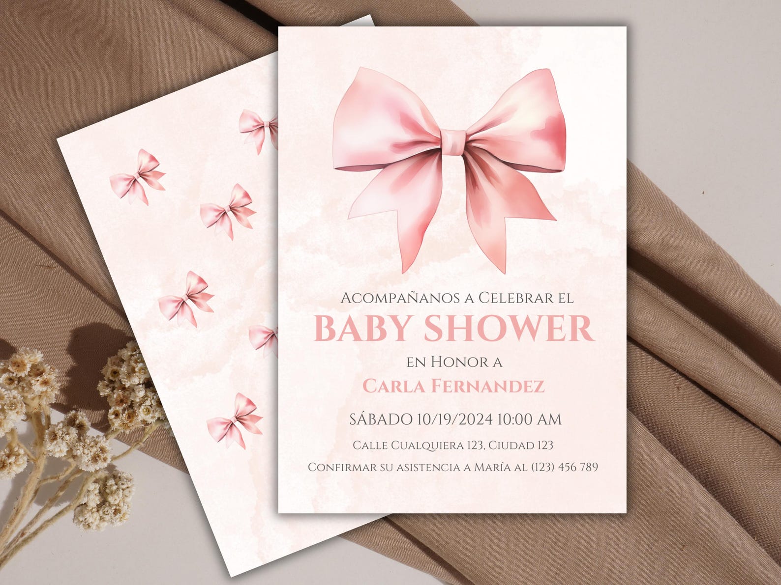 Spanish Baby Shower Invitation, Pink Bow Baby Shower Invite Template ...