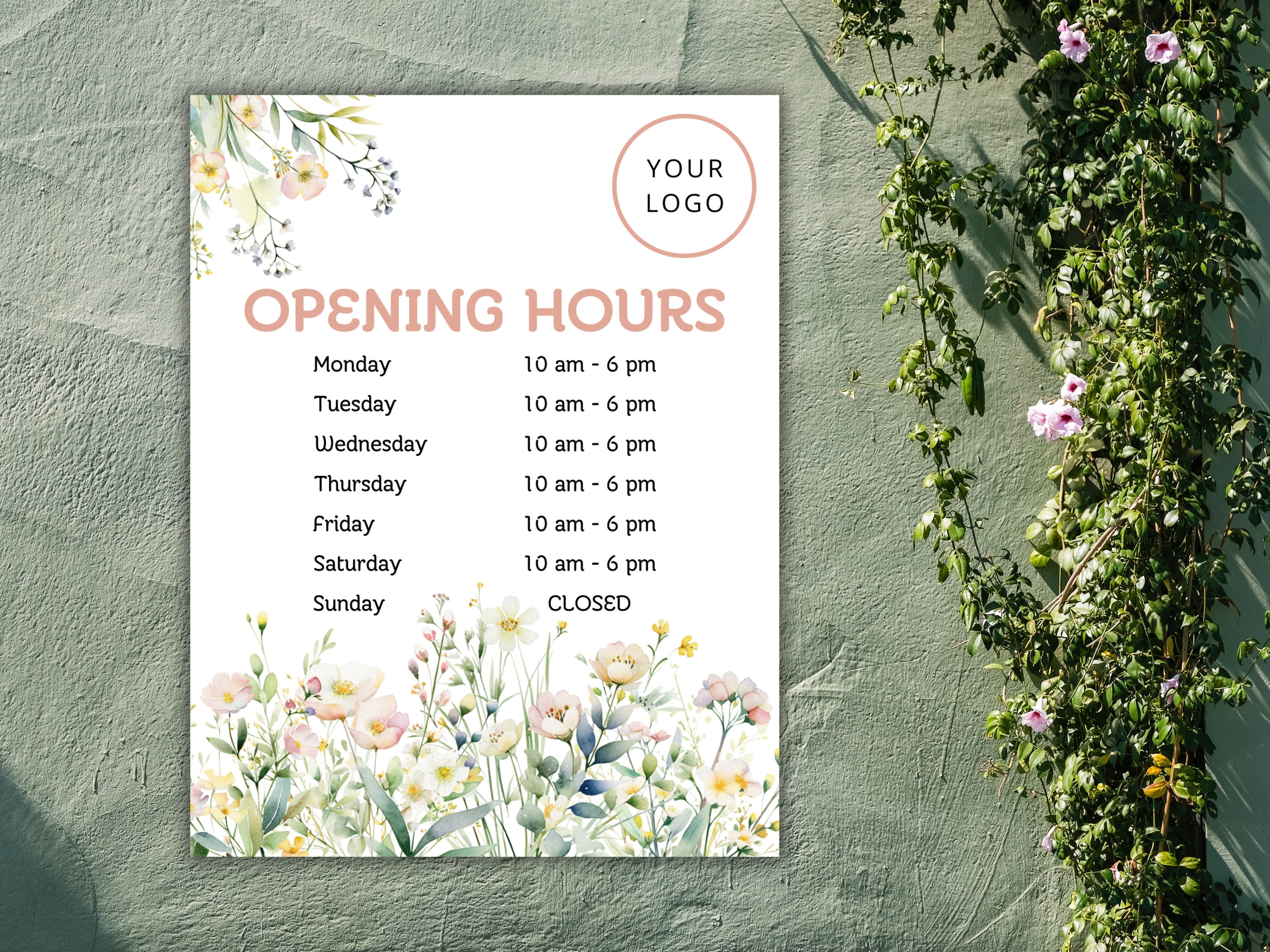 Editable Opening Hours Sign Template, Printable Floral Business Hours ...