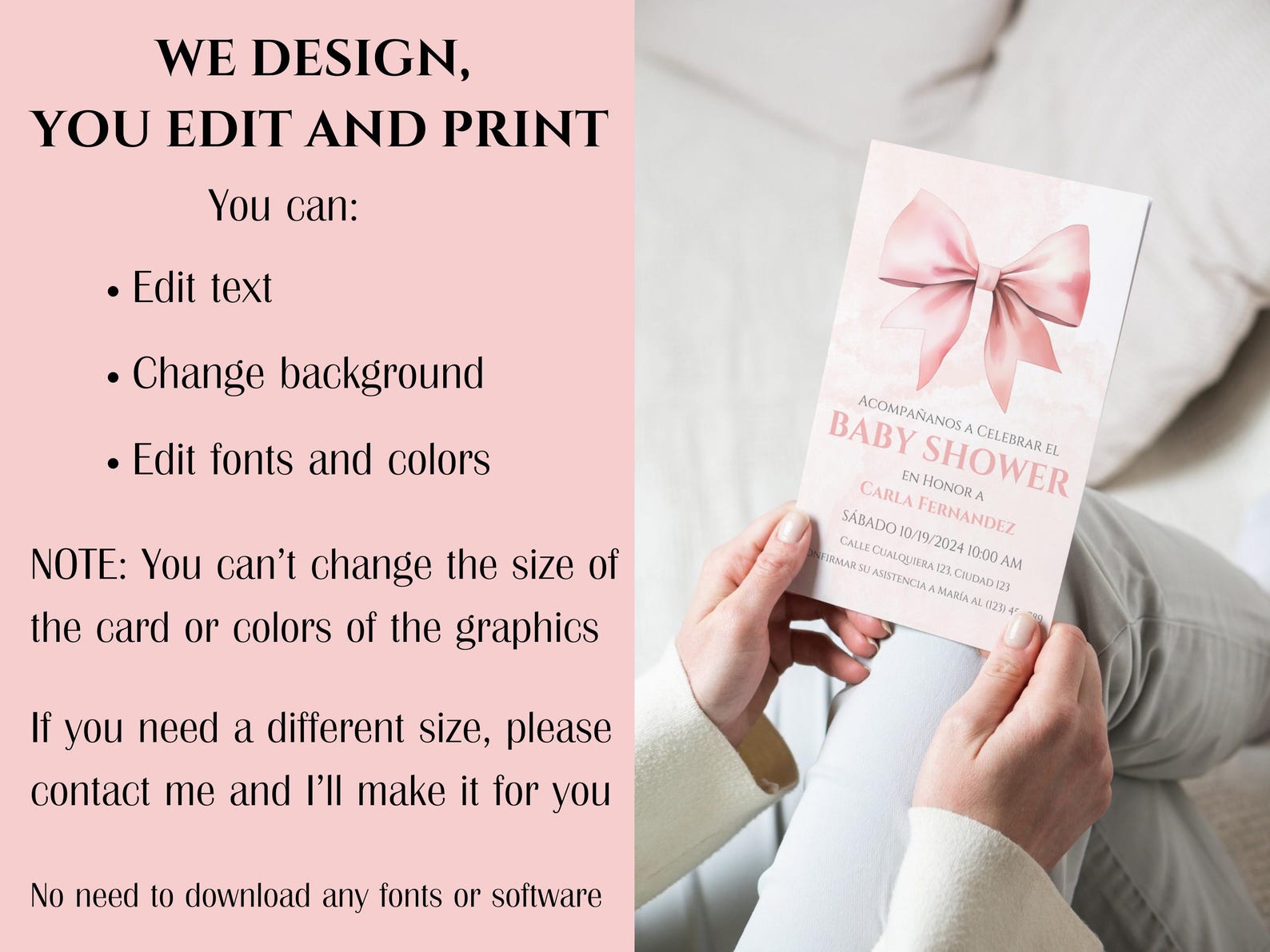Spanish Baby Shower Invitation, Pink Bow Baby Shower Invite Template ...