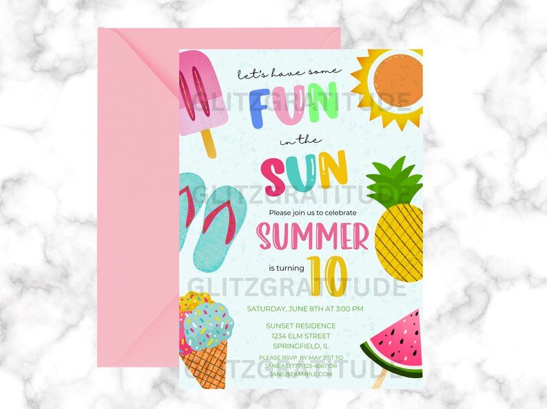 Fun in the Sun Birthday Invitation Summer Splish Splash Girly Canva ...