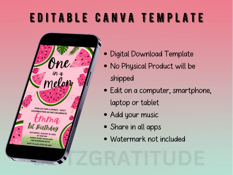 One in a Melon Watermelon 1st Birthday Party Digital Invitation Evite ...