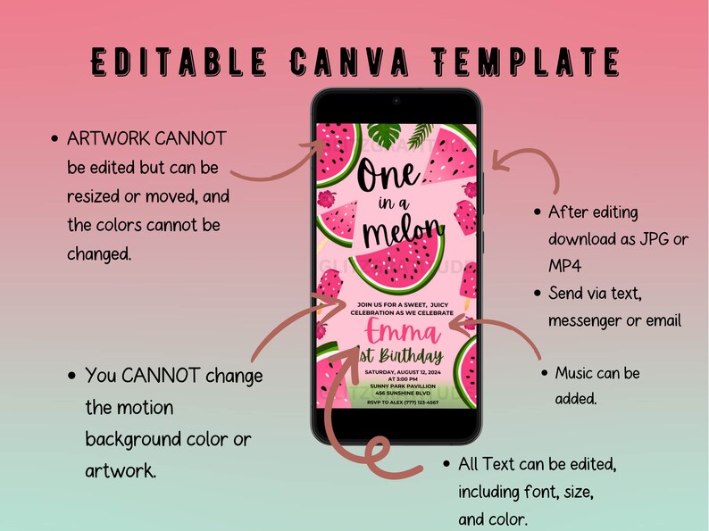 One in a Melon Watermelon 1st Birthday Party Digital Invitation Evite ...